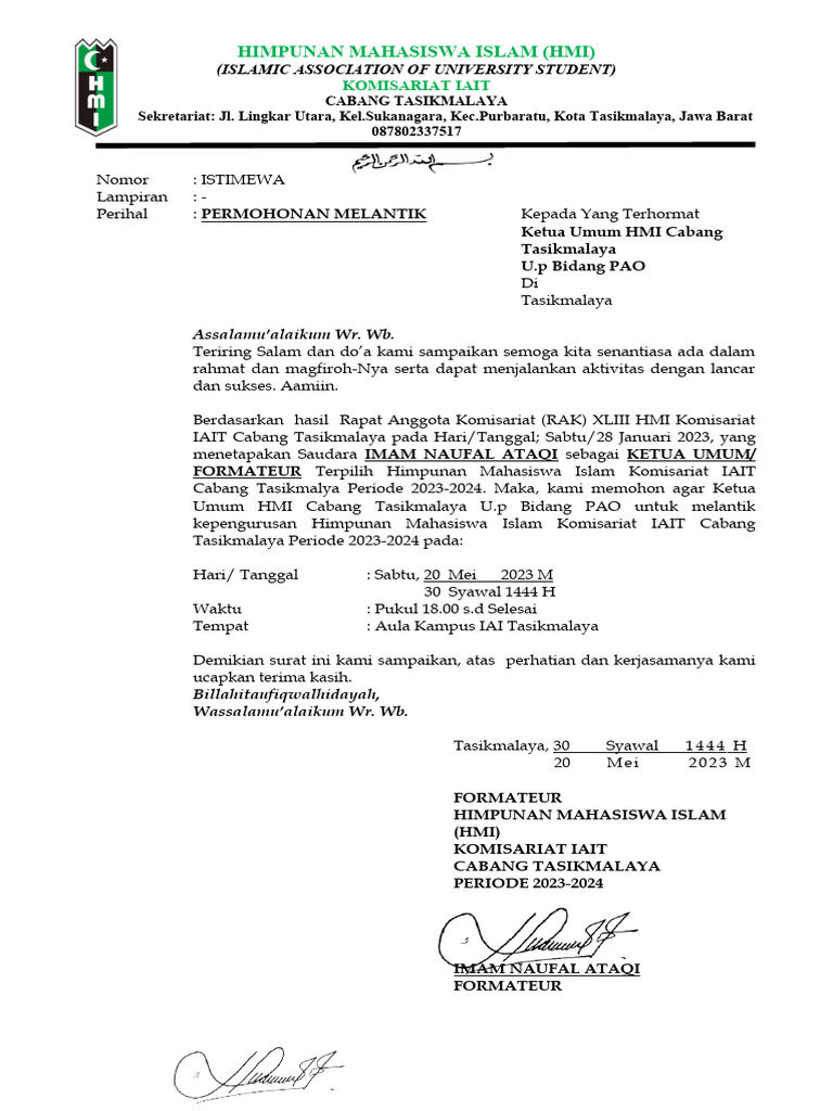 Surat Permohonan Melantik | PDF