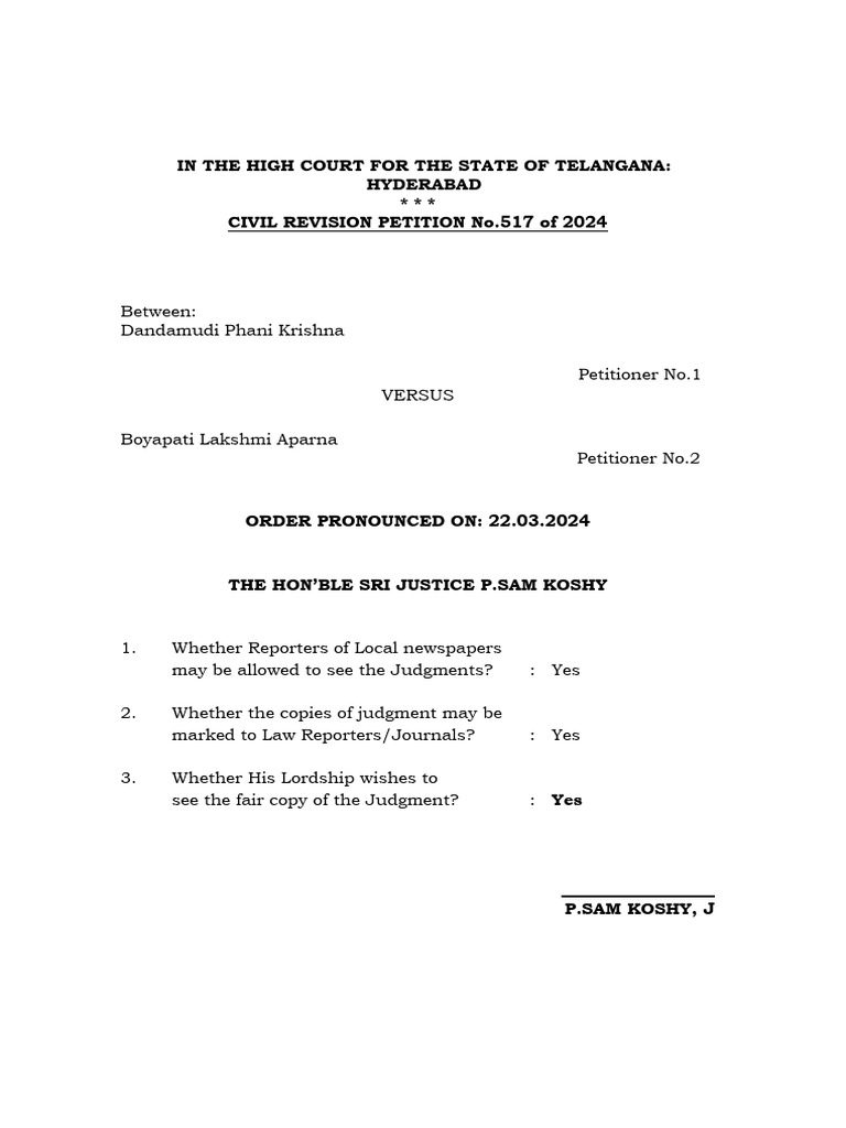 Dandamudi Phani Krishna Vs Boyapati Lakshmi Aparna Telangana High Court ...