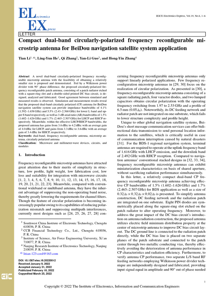 Compact Dual Band Circularly Polarized Frequency Reconfigurable Mi Crostrip Antenna For Beidou