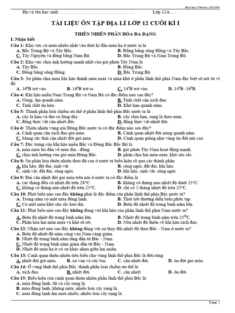 Tai Lieu On Tap Dia 12 Cuoi Ky 1 2023-2024 HS | PDF