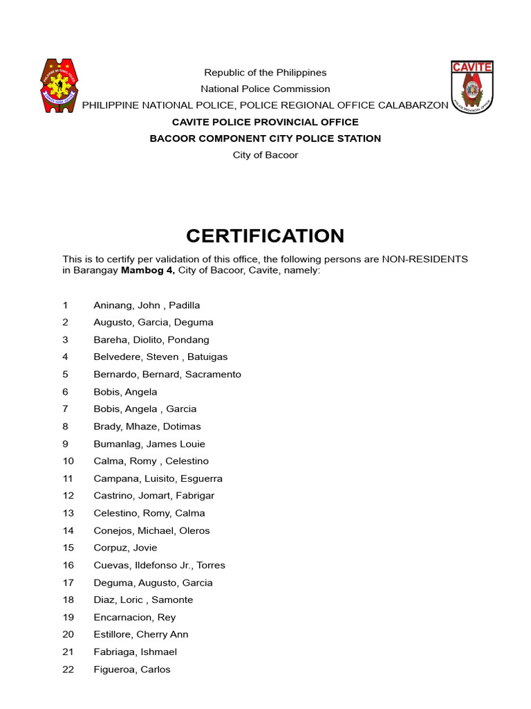 Non-Residents Certification Bacoor Cavite | PDF