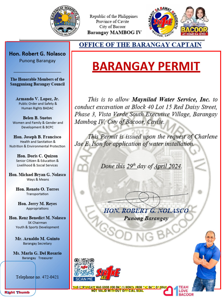 Permit Maynilad Excavation 2024 Ison | PDF