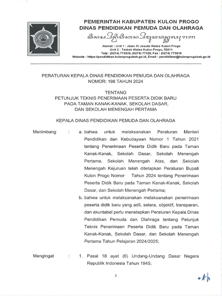 Perkadinas Nomor 198 Tahun 2024 - Juknis - PPDB | PDF
