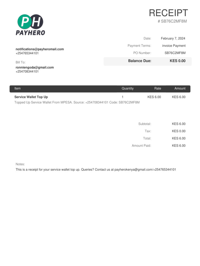 Service Wallet Top Up Receipt | PDF