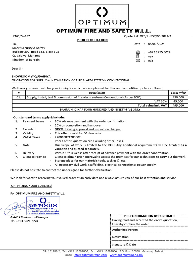 Fire Alarm System Quotation - Manama | PDF