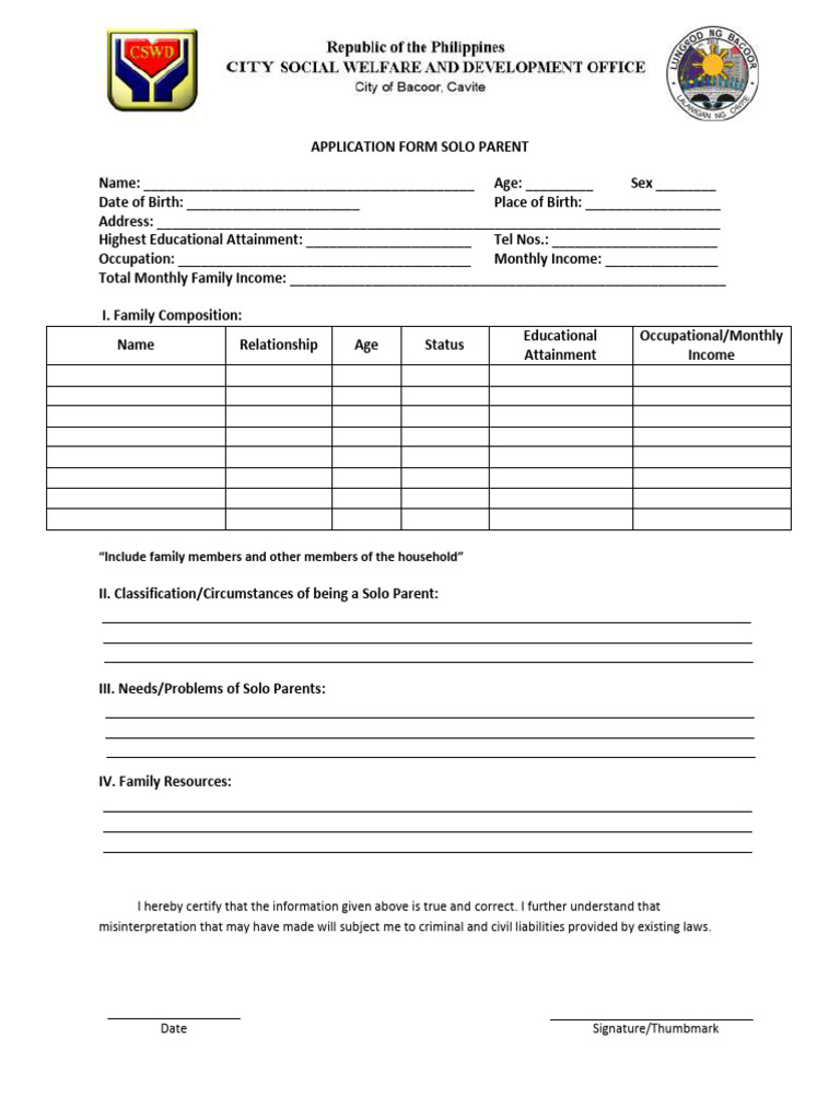 SOLO PARENT APPLICATION FORM | PDF