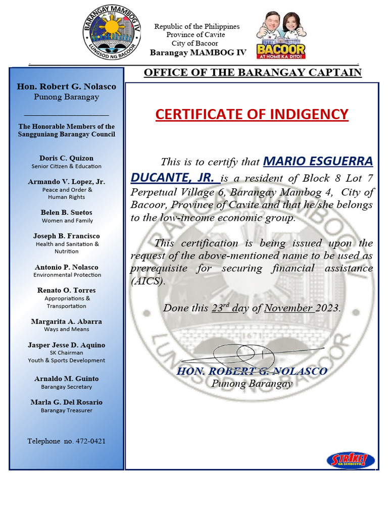 Certificate of Indigency 2022 AICS | PDF