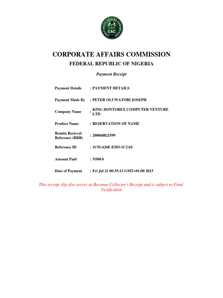 Cac Receipt | PDF