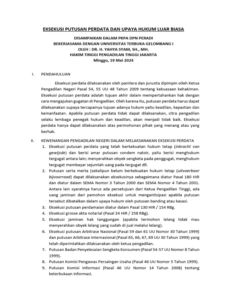 Sesi 3 Eksekusi Putusan Perdata Dan Upaya Hukum Luar Biasa | PDF | Hukum