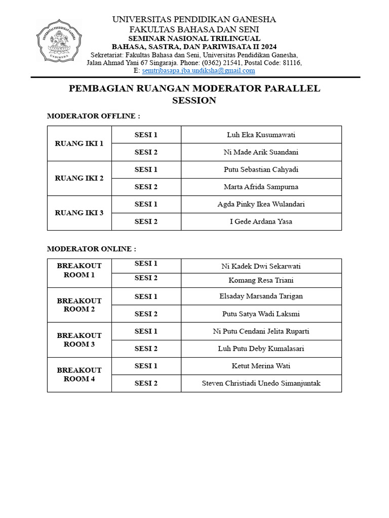 Pembagian Ruangan Moderator Parallel Session | PDF
