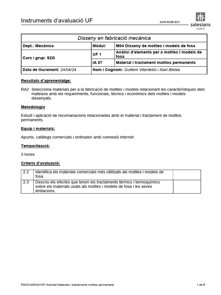 Instruments D'avaluació UF: Disseny en Fabricació Mecànica | PDF