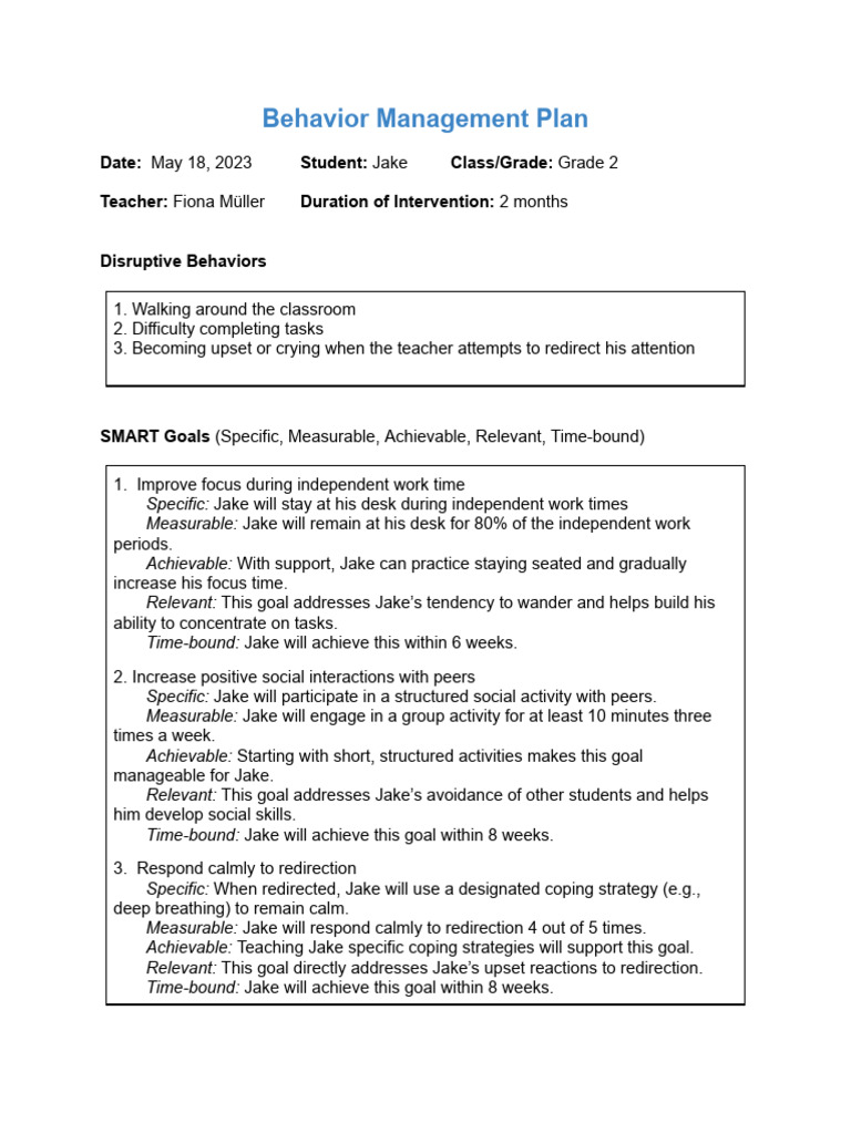 Behavior Management Plan | PDF | Goal | Classroom