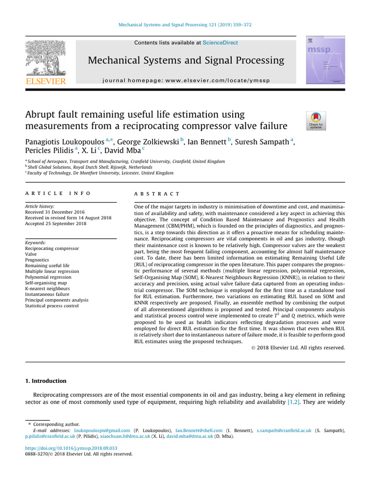 Abrupt Fault Remaining Useful Life Estimation Using Measurements From A Reciprocating Compressor ...