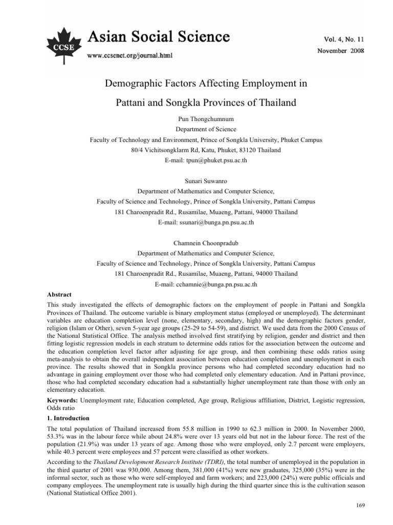 Pattani and Songkla Provinces of Thailand | PDF | Odds Ratio | Unemployment