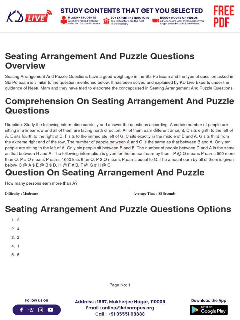 Seating Arrangement and Puzzle Questions 341144 | PDF | Learning ...