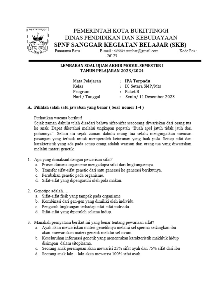 Soal Asesmen IPA Semester Ganjil Kls 9 2023-2024 | PDF