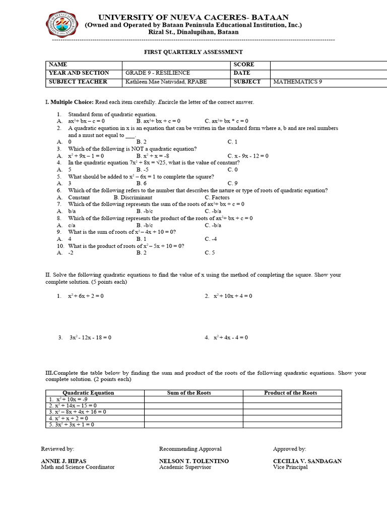 1st Quarterly Assessment - 9 Resilience | PDF | Elementary Mathematics ...