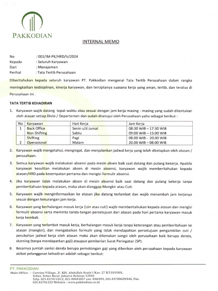 Internal Memo Tata Tertib Kehadiran | PDF