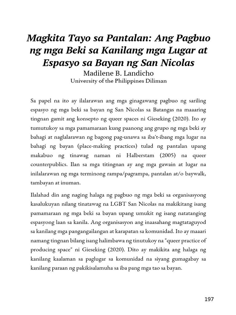 Magkita Tayo Sa Pantalan: Ang Pagbuo NG Mga Beki Sa Kanilang Mga Lugar at Espasyo Sa Bayan NG ...