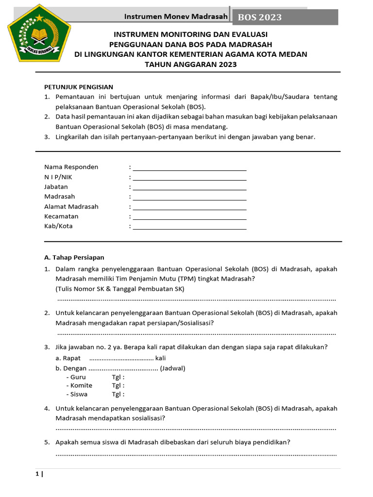 Instrumen Monev BOS 2023 Medan | PDF