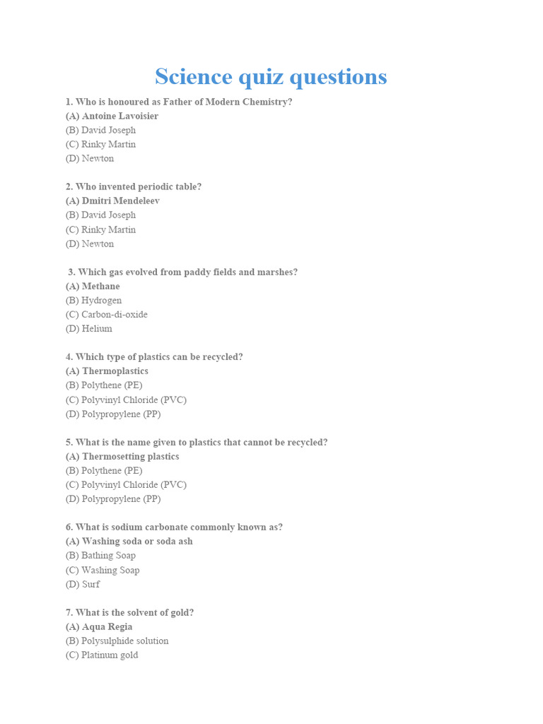 Science quiz questions | PDF | Oxide | Chlorine
