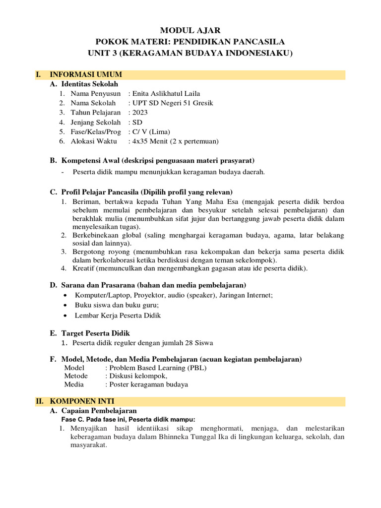 Modul Ajar Pend. Pancasila Kelas 5 | PDF