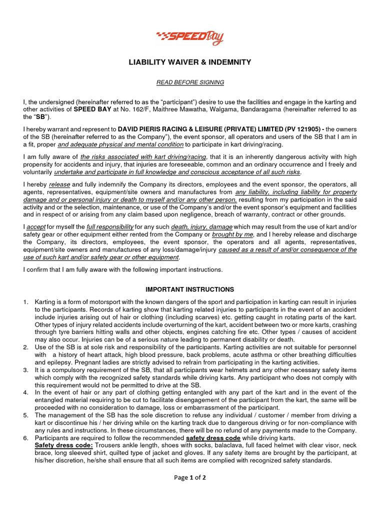 download-adult-indemnity-form | Download Free PDF | Indemnity | Legal Liability