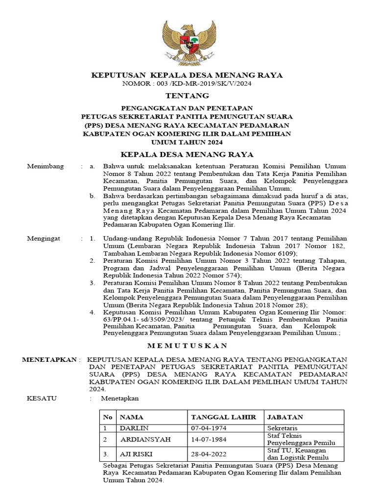 Pengangkatan Petugas PPS Menang Raya | PDF
