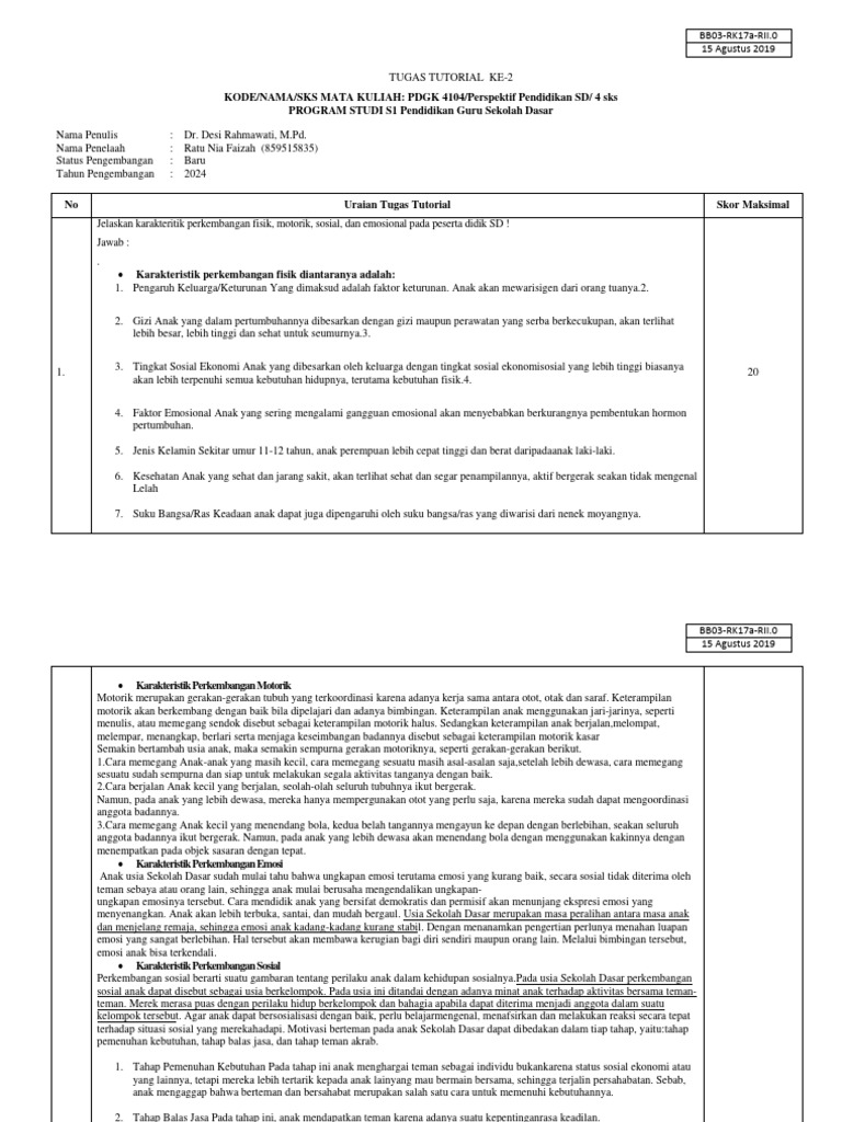 Tugas Tutorial 2 - Perspektif Pendidikan SD | PDF | Karier & Perkembangan | Kesehatan Holistik