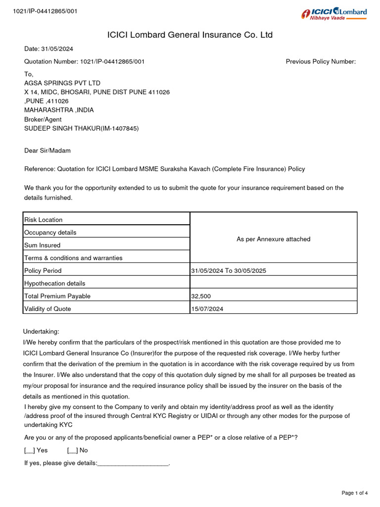 ICICI Lombard Fire Insurance Quotation | PDF | Insurance | Business Law