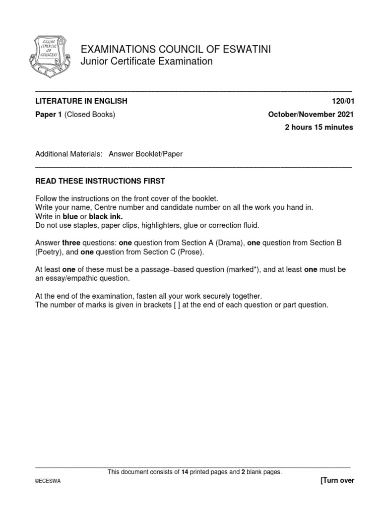 2021 Junior Certificate Literature Exam | PDF
