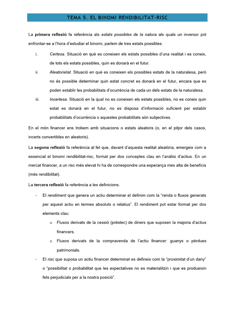 Tema 5. El Binomi Rendibilitat-Risc | PDF