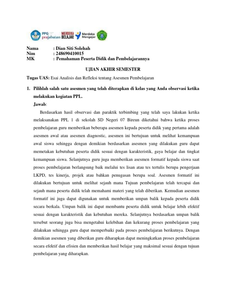 Dian Siti Solehah (UAS Pemahaman Peserta Didik Dan Pembelajarannya) | PDF | Karier & Perkembangan