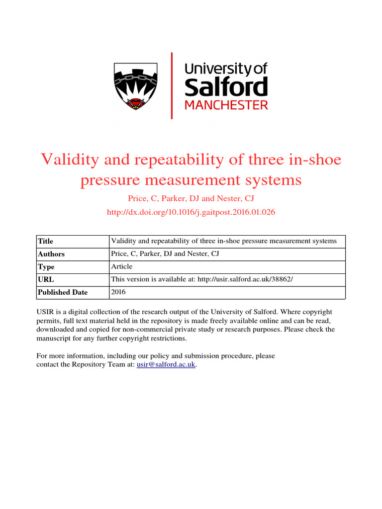 Validity and Repeatability of Three in - Shoe Pressure Measurement Systems | PDF | Calibration ...