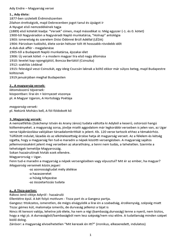Ady Endre Magyarság Versei | PDF