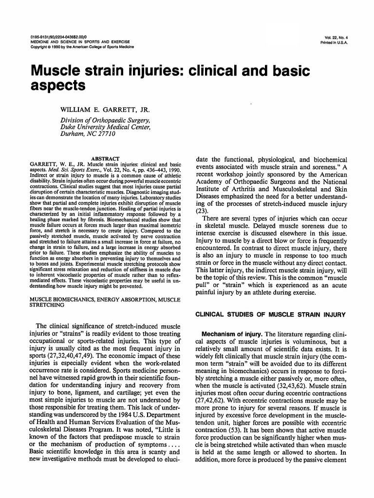 Muscle Strain Injuries- clinical and basic aspect Garret 1990 | PDF