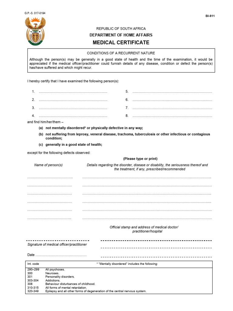 South Africa - B--811 New medical.form | Download Free PDF | Human ...