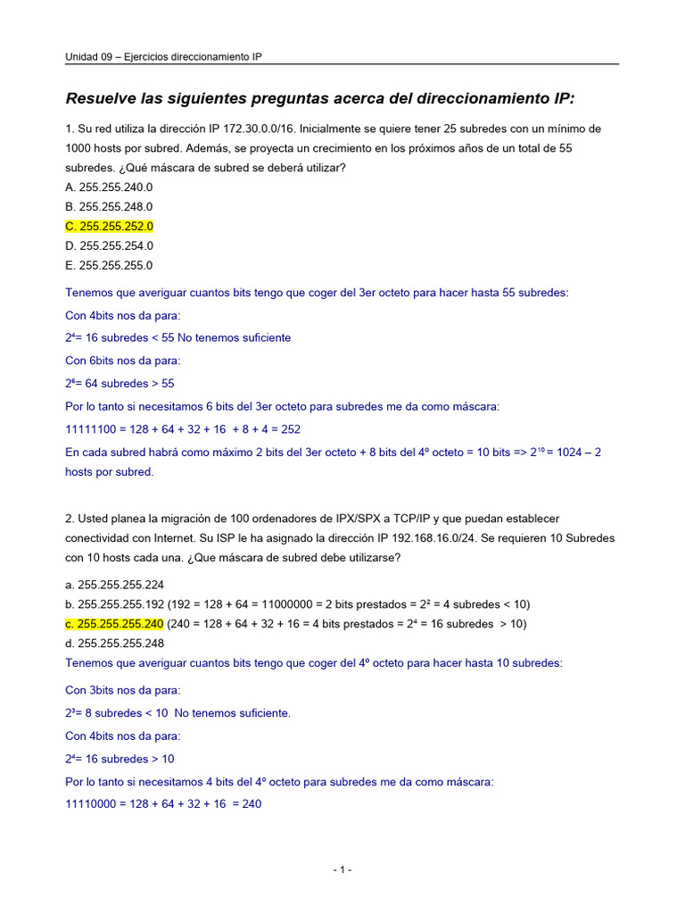 SIINF-U09-Ejer 8 (Soluc) | PDF | Dirección IP | Redes de computadoras