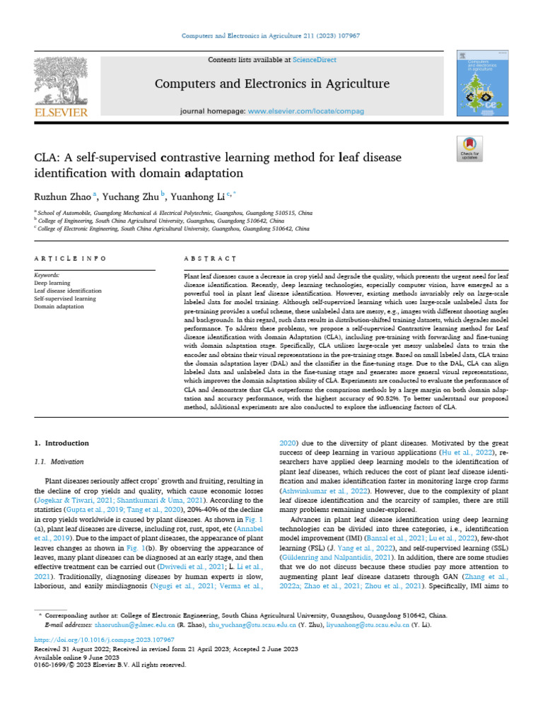 Zhao 2023 Jnl a Self-supervised Contrastive Learning Method for Leaf Disease Iden | PDF | Deep ...