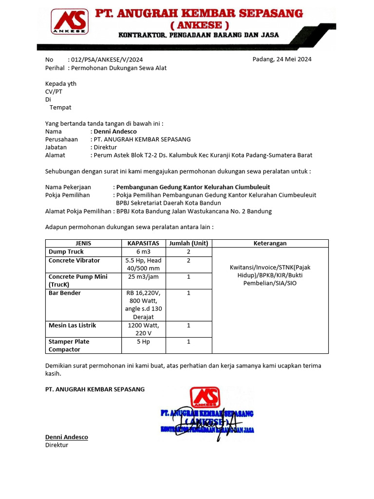 Permohonan Sps Alat PT Ankese | PDF | Teknologi & Rekayasa