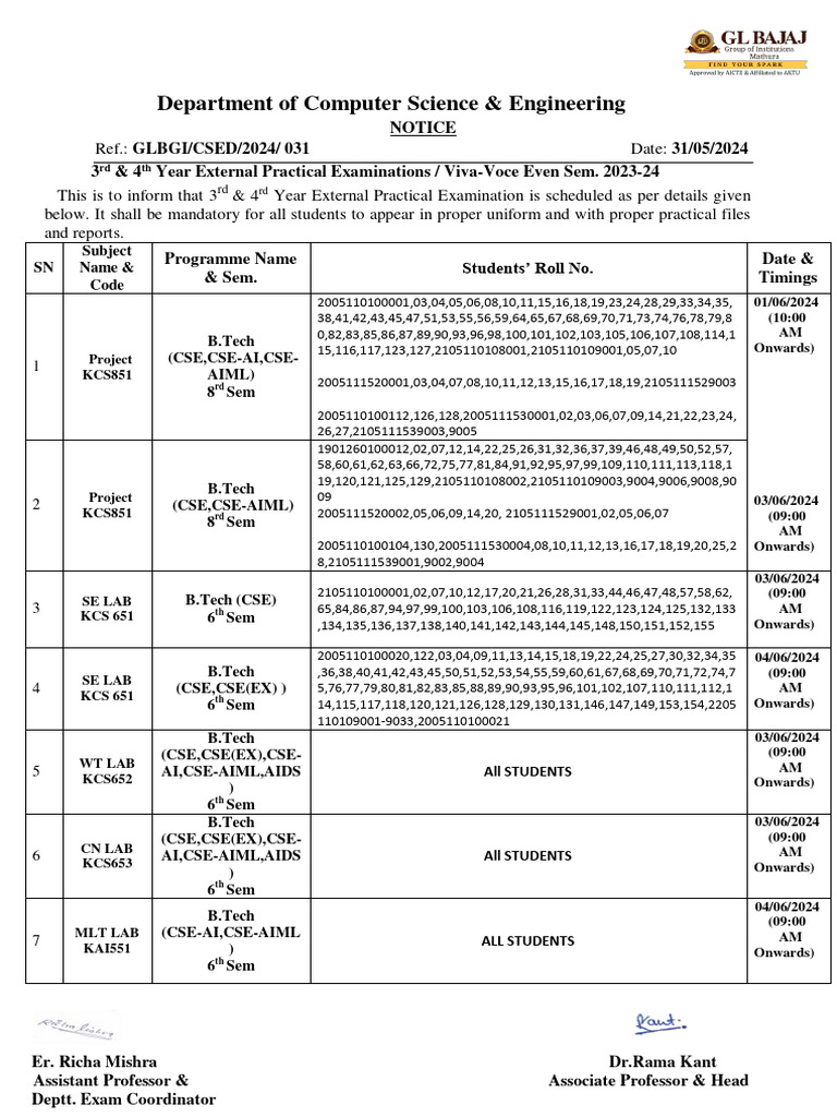 UPDATED Notice - 3rd & 4th Year (External Practical - Viva) EVEN SEM. (2023-24) | PDF | Career ...