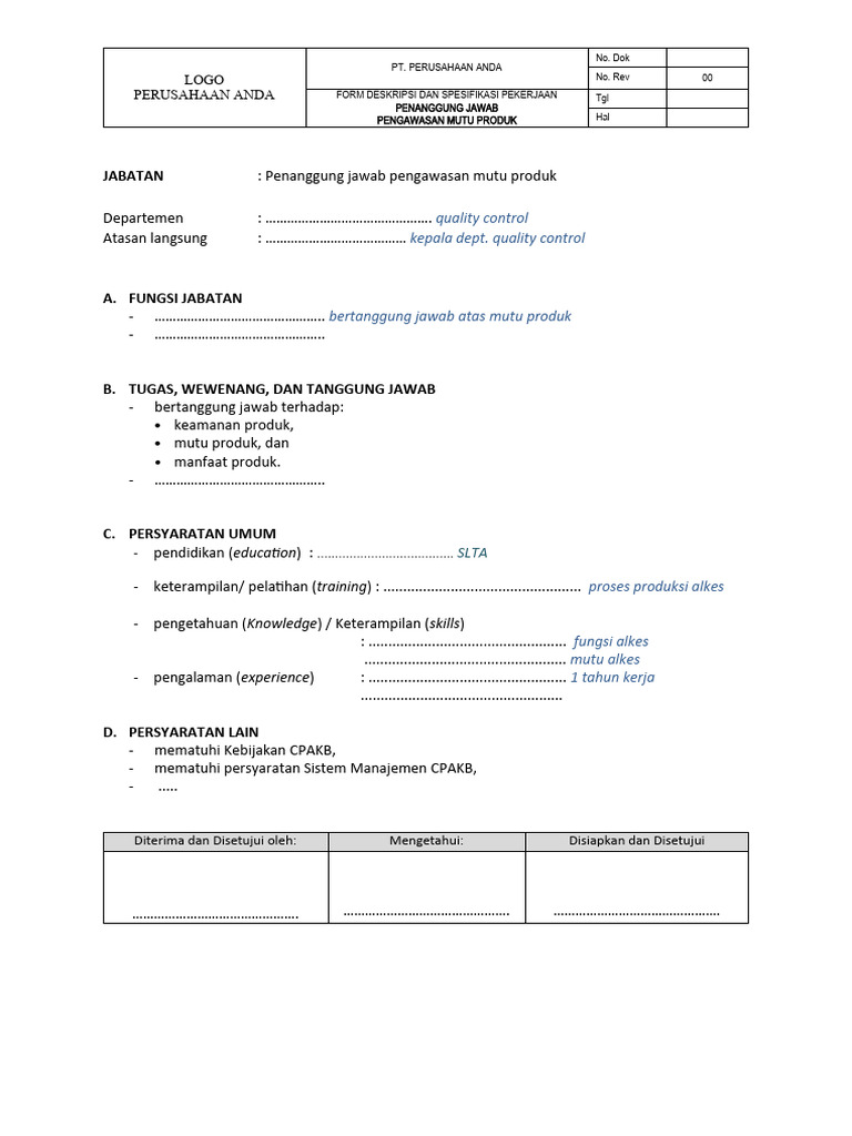 Form 02 Deskripsi Spesifikasi PJ Pengawasan Mutu Produk | PDF | Bisnis ...