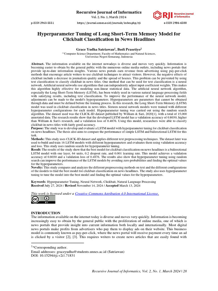 Hyperparameter Tuning of Long Short-Term Memory Model For Clickbait ...