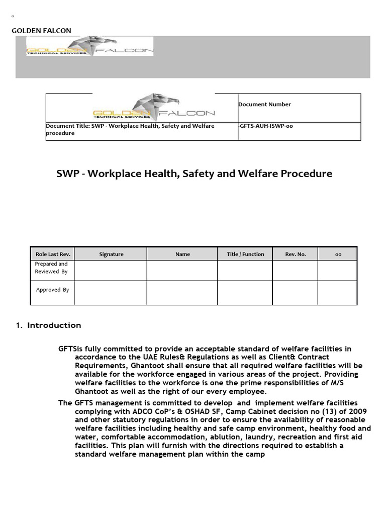 SWP - Workplace Health, Safety and Welfare Procedure | Download Free ...