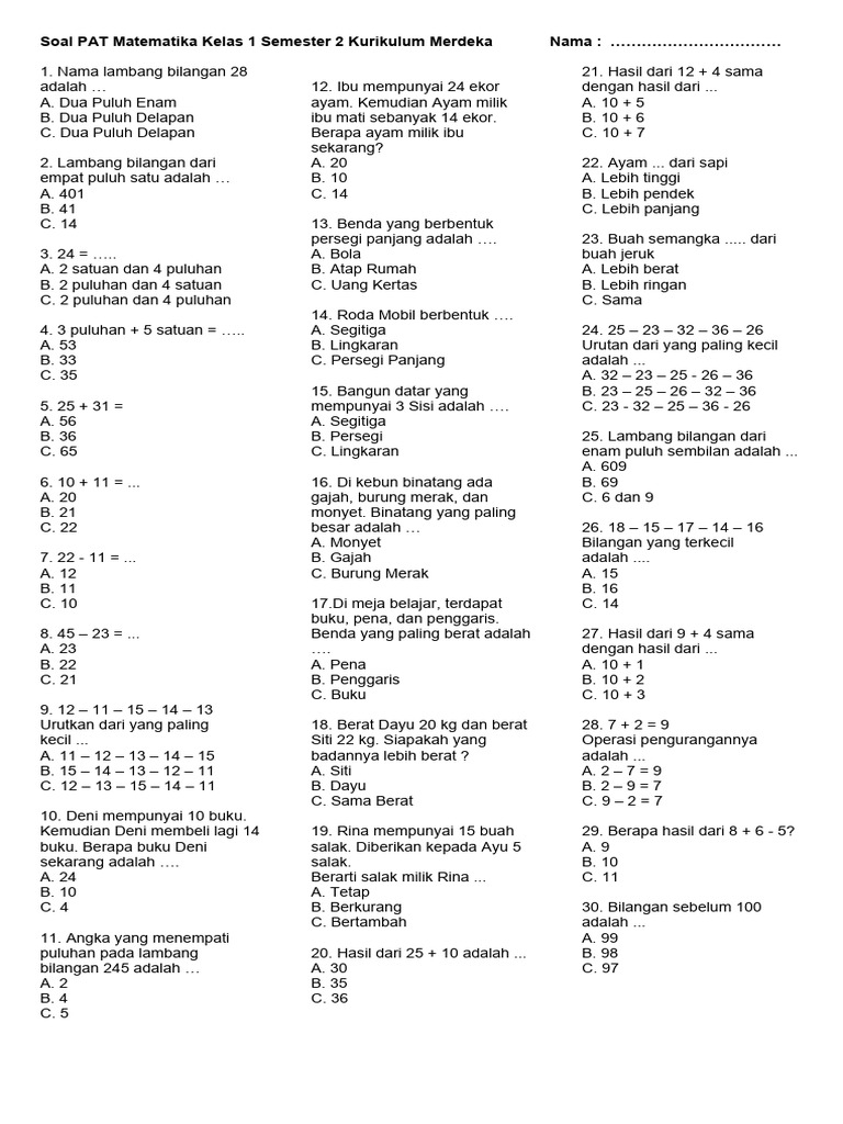 Soal Pat Matematika Kelas 1 Semester 2 Kurikulum Merdeka Pdf