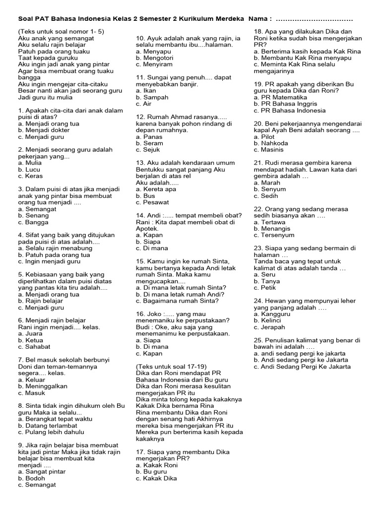 Soal PAT Bahasa Indonesia Kelas 2 Semester 2 Kurikulum Merdeka | PDF