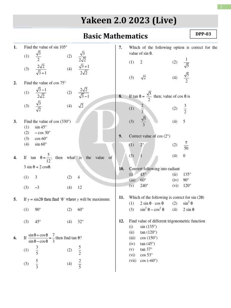 Basic Mathematics: DPP 03 | PDF | Complex Analysis | Mathematical Objects