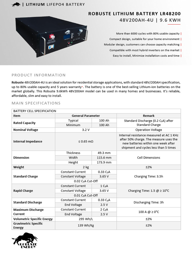 Robuste Lithium Battery 200ah 48V 9.6kWh Datasheet | PDF | Rechargeable ...
