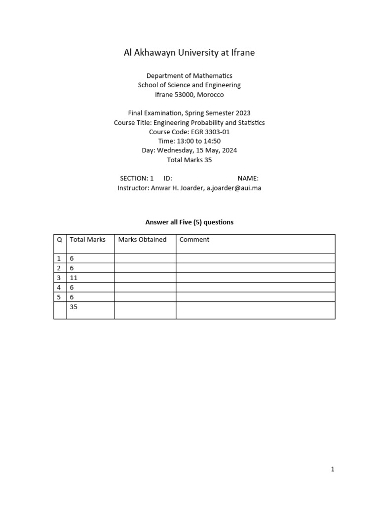 Final Exam 3301-01.2024 Spring-Mock | PDF | Errors And Residuals ...