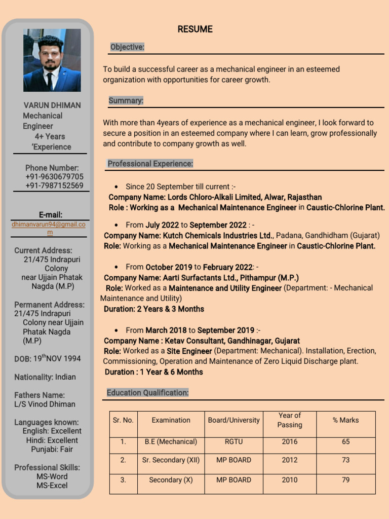 Mechanical Engineer Resume: 4+ Years Experience | PDF | Business ...